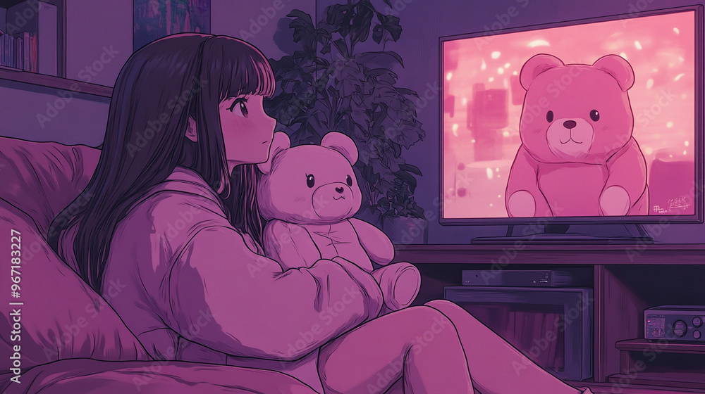 Anime Girl Watching Tv With Teddy Bear At Night Anime Style Stock Illustration Adobe Stock
