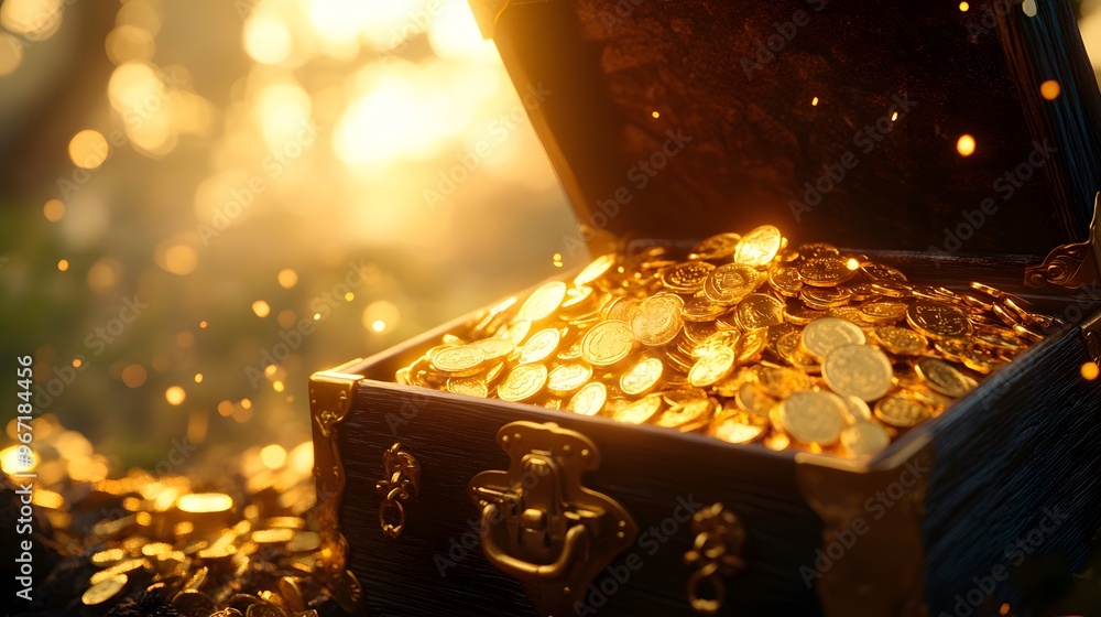 3D illustration of a treasure box filled with sparkling gold coins ...