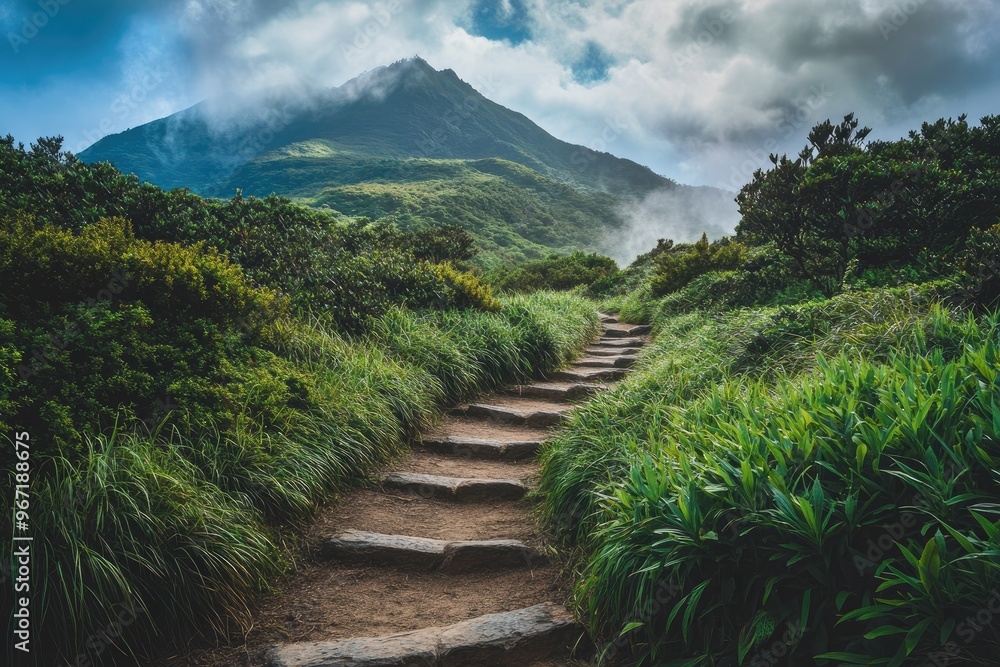 Stone path leading uphill through forest. The image is perfect for ...