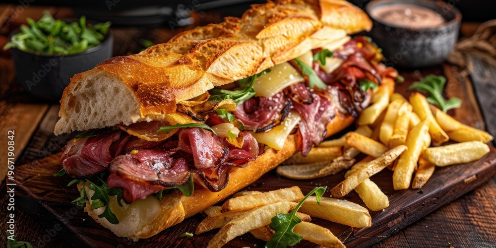 Traditional South African submarine sandwich served with chips and meat ...
