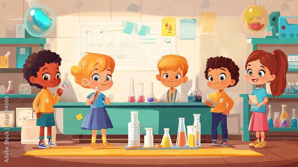 ภาพประกอบสต็อก Cartoon kids at a science fair, proudly showing off ...