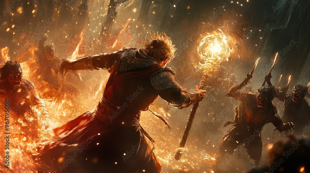 Wukong battling a group of demon soldiers in a fiery underworld, his ...