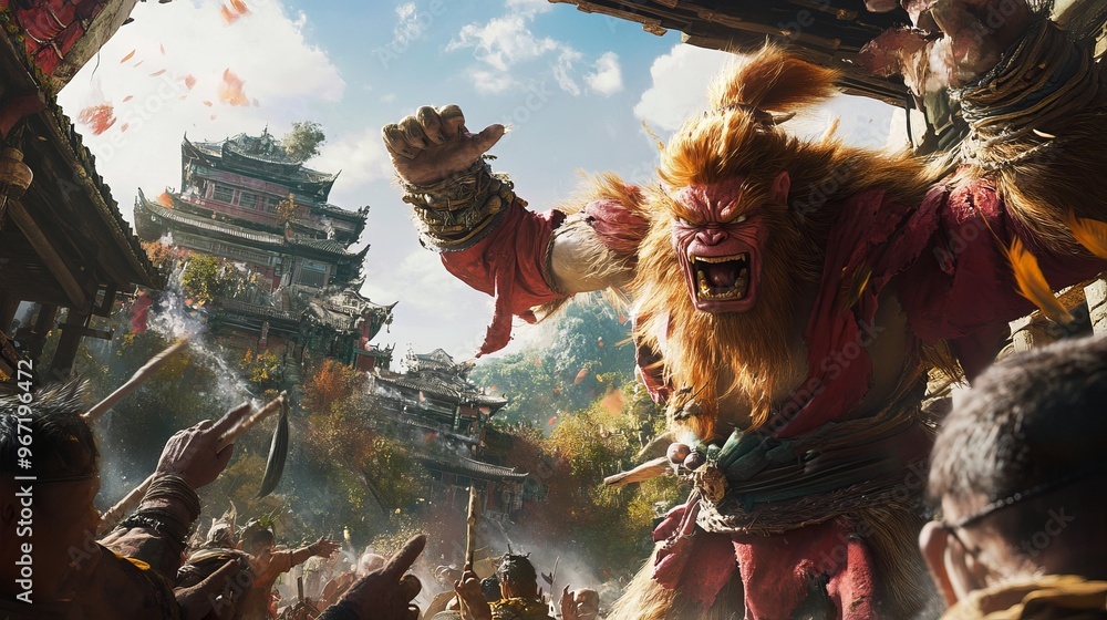 Wukong defending a village from an attacking monster, standing tall as ...