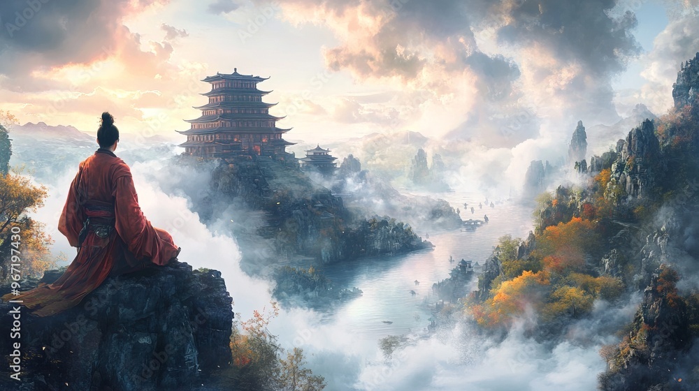 Wukong gazing at a distant temple, his cloud floating gently above a ...