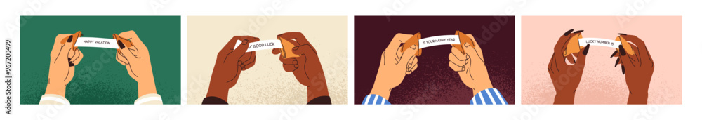 Hands opening fortune cookies set. Holding cracked chinese lucky ...