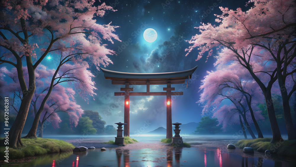 Fantasy night scenery with sakura tree under torii gate, fantasy, night ...
