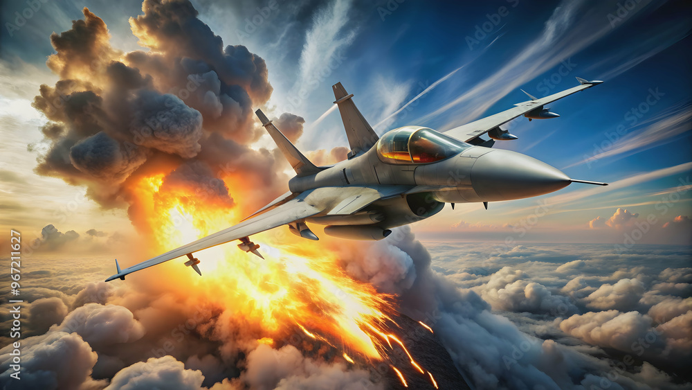 Fighter jet exploding in the air from a missile hit on background ...