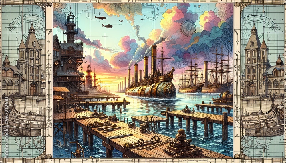 In a bustling steampunk harbor, the medieval Khazar submarine fleet ...