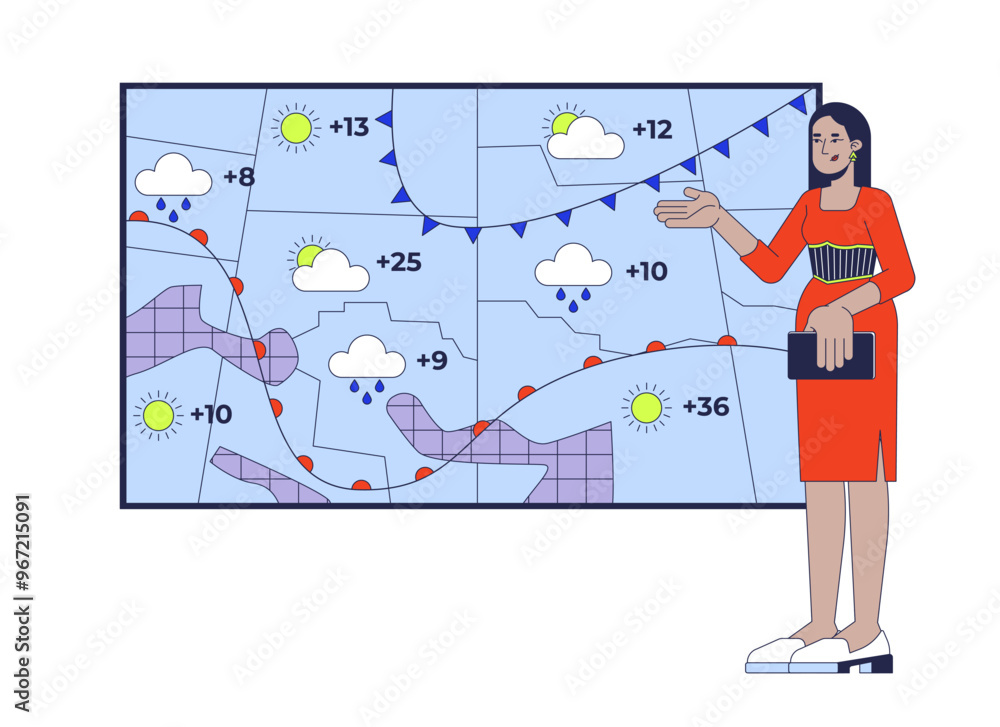 Weather presenter woman forecasting precipitations, temperature 2D ...
