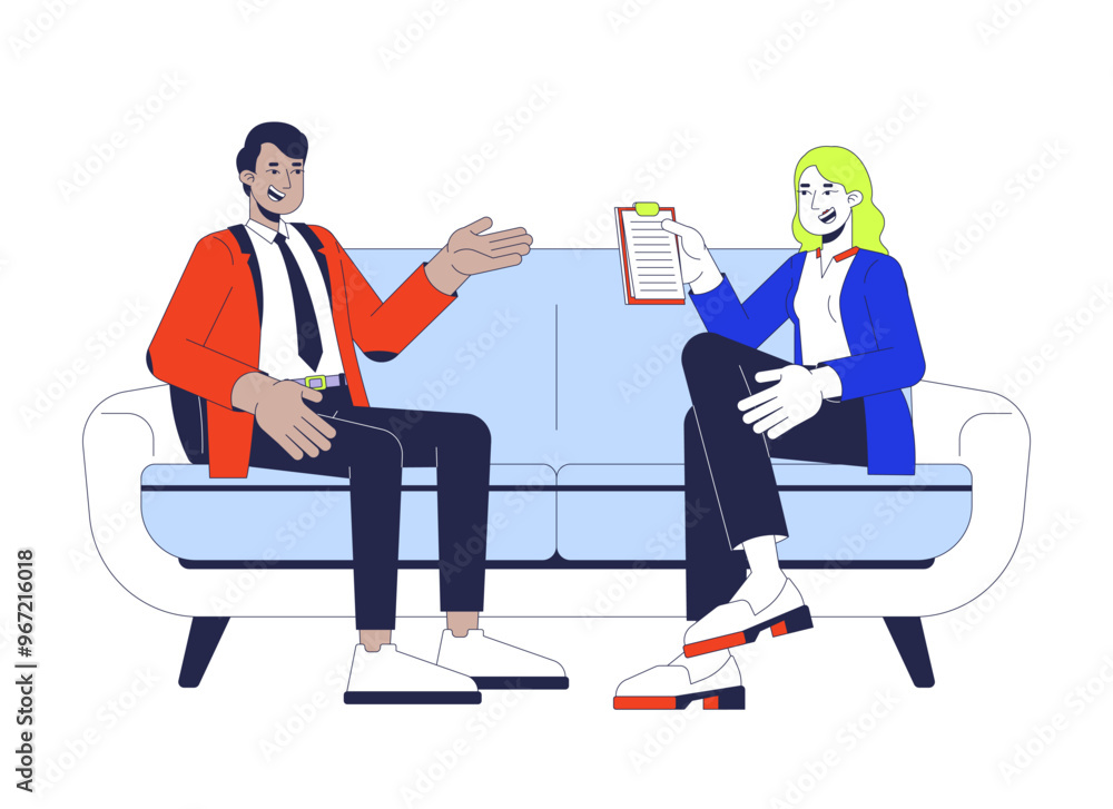 Female interviewer conducting interview job candidate 2D cartoon ...