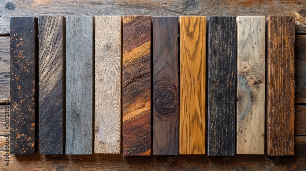 Rustic oak wood swatches in a retro setting, highlighting organic ...