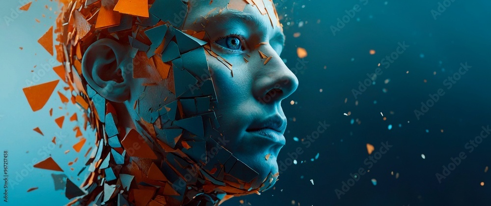 A digital artwork closeup portrait of a human head fragmented into ...