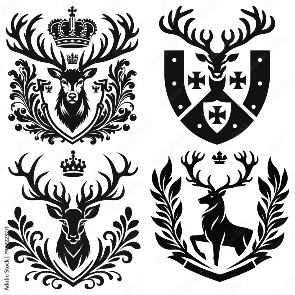 Regal stag emblems vector illustration black and white crest designs on ...