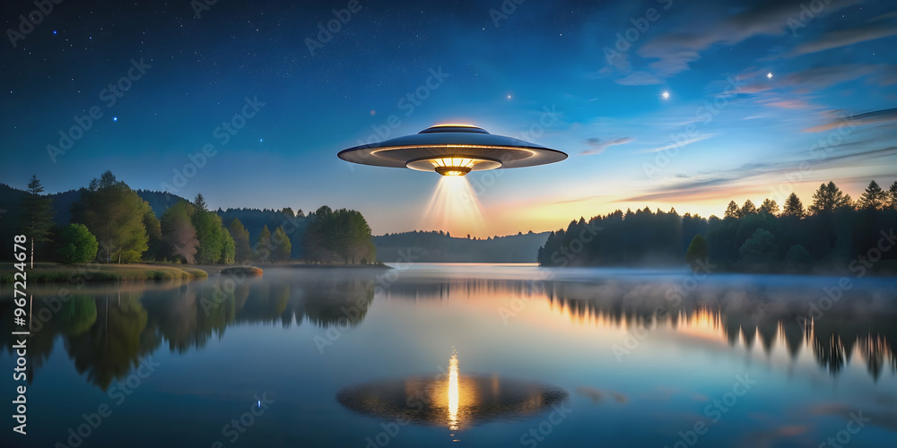 UFO hovering over a serene lake at night, UFO, unidentified flying ...