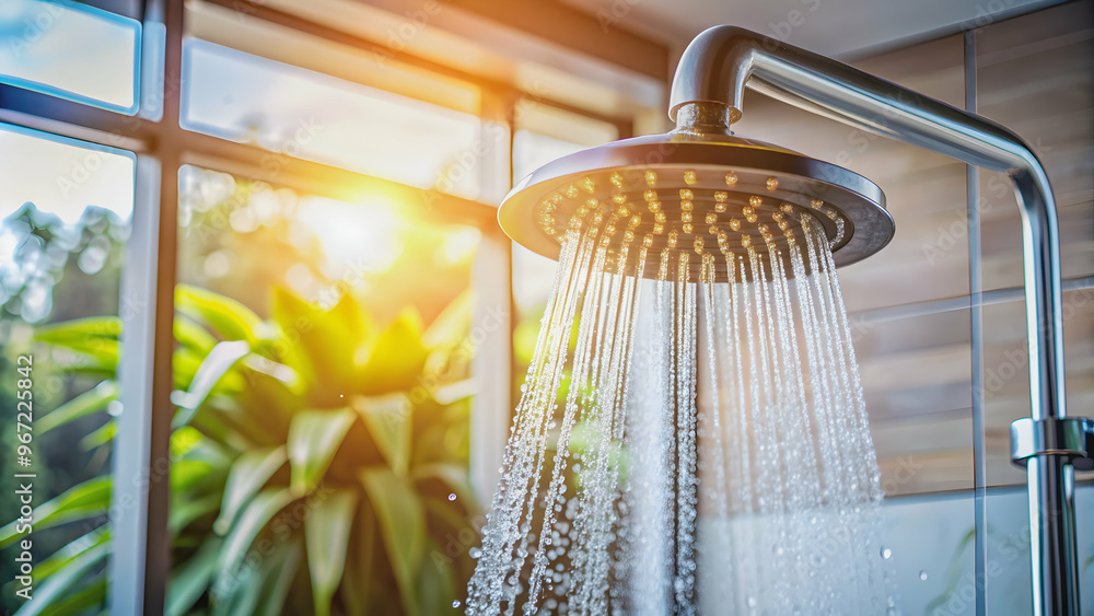 Showerhead pouring water with sunlight through window in blurred ...