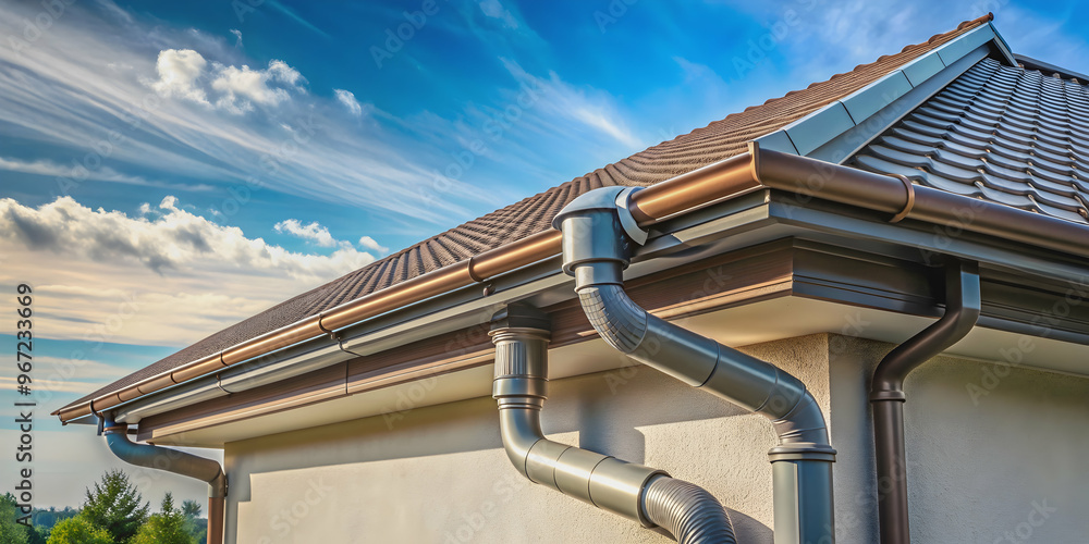 Rainwater harvesting system on a house roof with gutters and downspouts ...