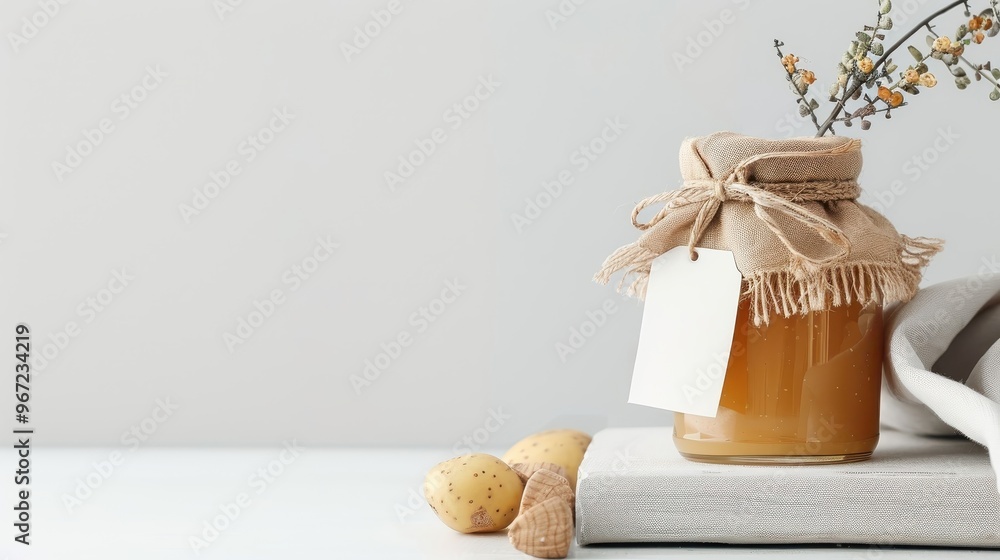 Minimalist jar of potato jam with a simple label against a white ...
