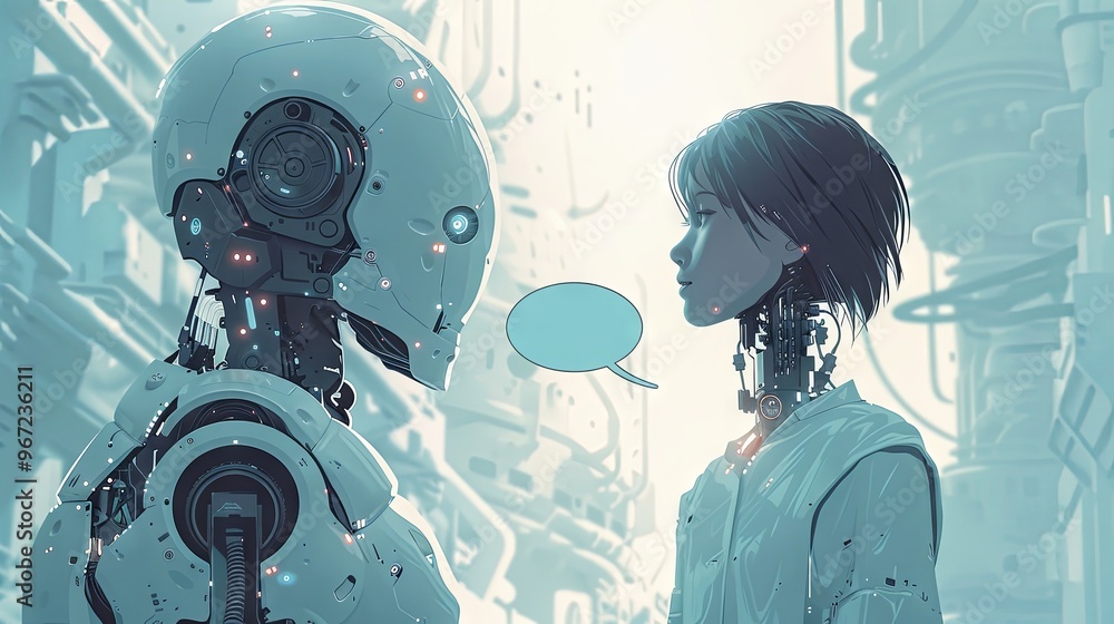 A conceptual illustration of a person interacting with an AI robot, both communicating through ...