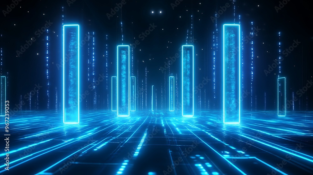 A futuristic digital landscape with glowing blue pillars and a grid of ...
