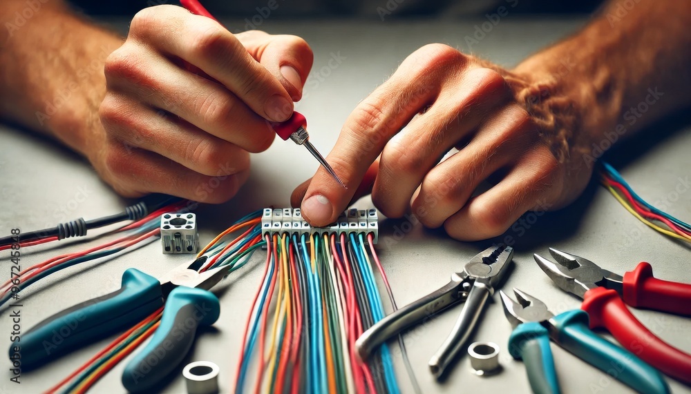 Hands connecting electrical wires – Illustrating the precision required ...