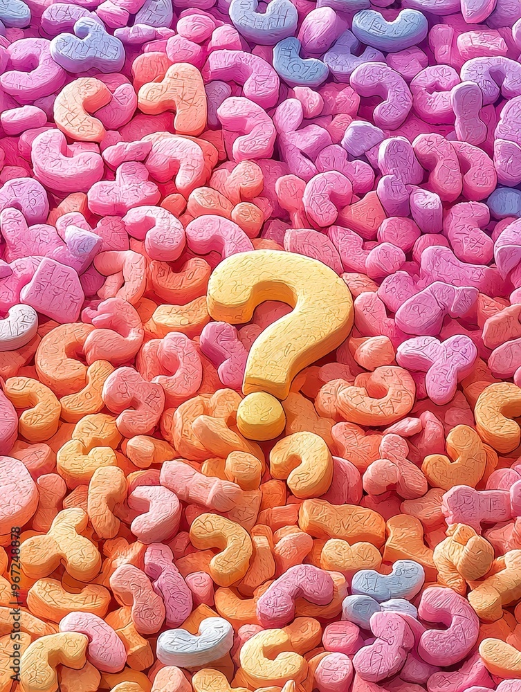 Colorful pastel question marks create a playful background ...