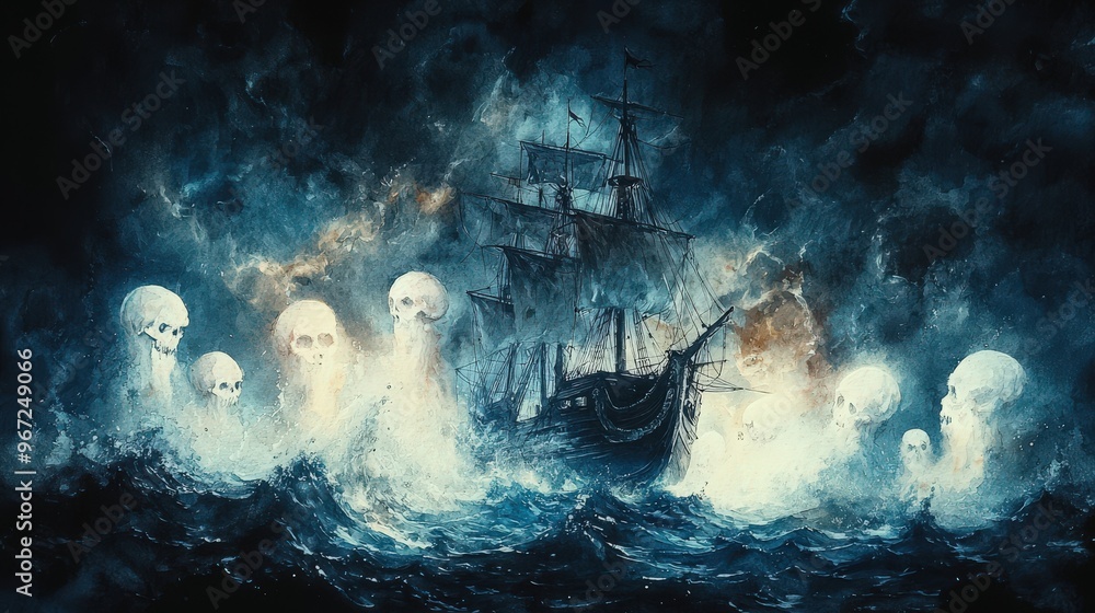 Pirate ship under attack by ghostly sea creatures, eerie ocean ...