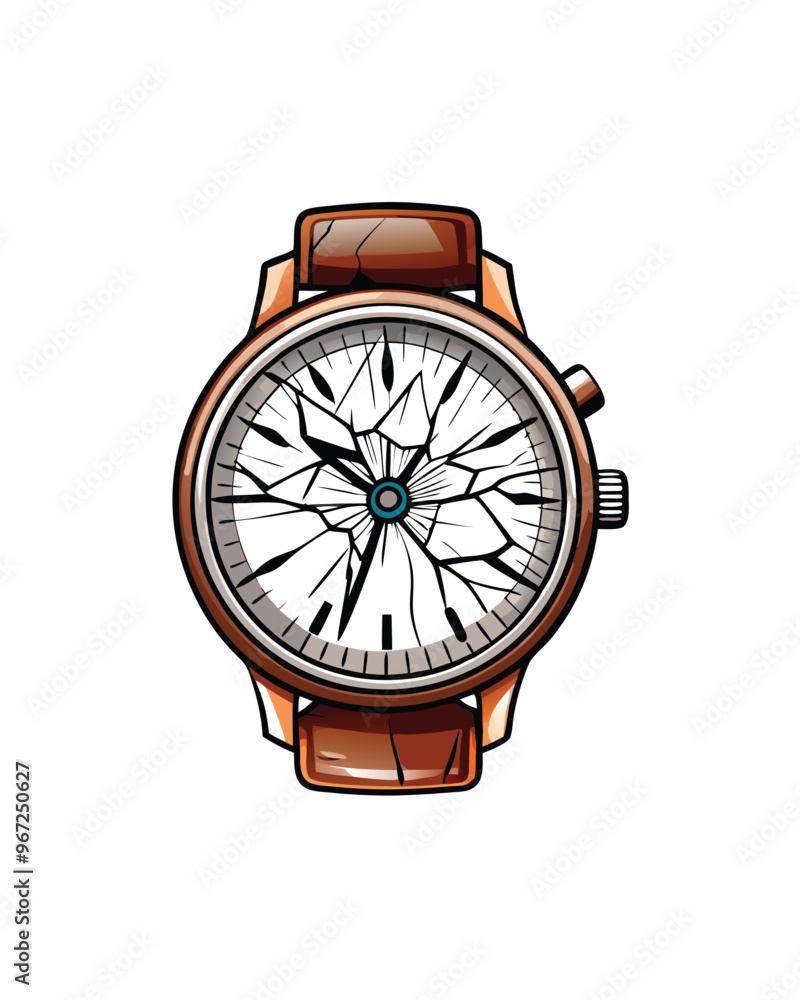 A realistic, detailed illustration of a broken watch face. The glass is ...
