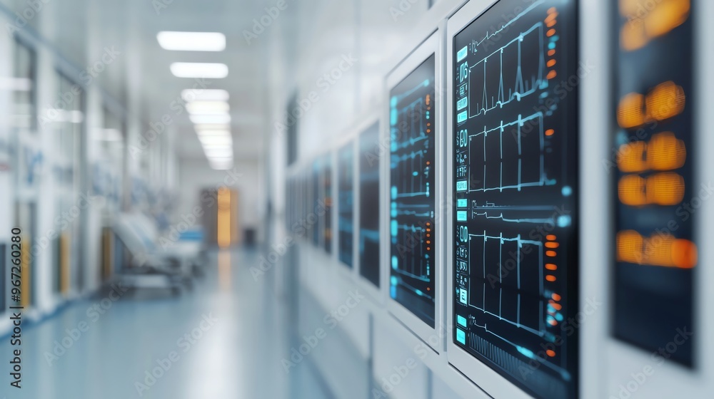 Modern medical monitors line the hospital corridor, displaying vital ...