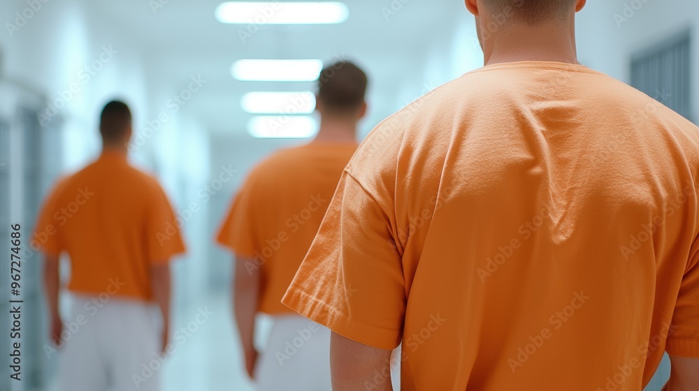 Prisoners in orange uniforms walking down hallway A group of prisoners ...