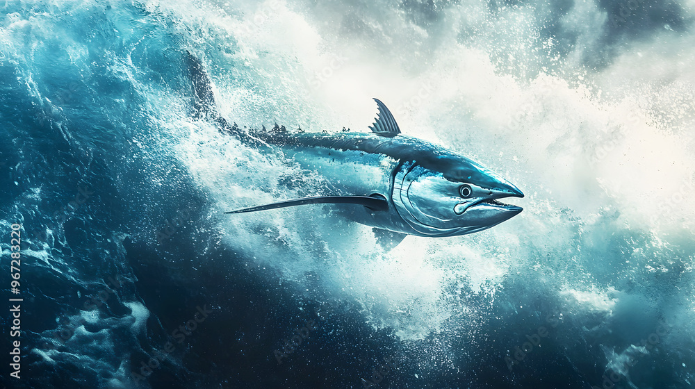 powerful image of a tuna fish leaving the water, its strong body in ...