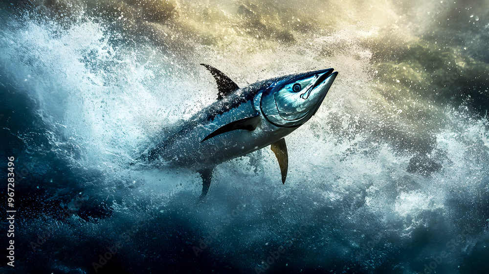 powerful image of a tuna fish leaving the water, its strong body in ...