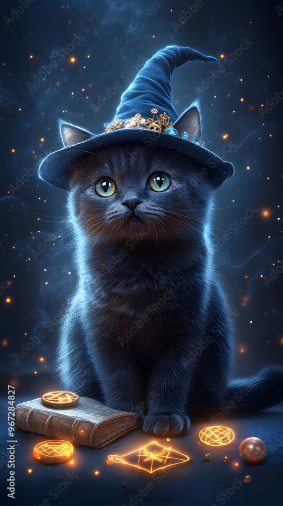 Adorable black cat dressed as a wizard with a witch hat, surrounded by glowing magical items and ...