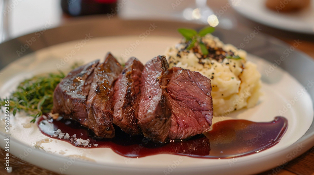 A carefully plated piece of wagyu beef, cooked medium rare, with a side ...