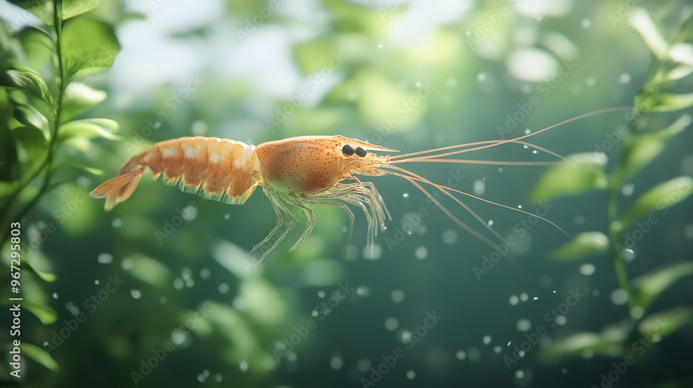 3D shrimp with a detailed, realistic appearance, floating in a clear ...