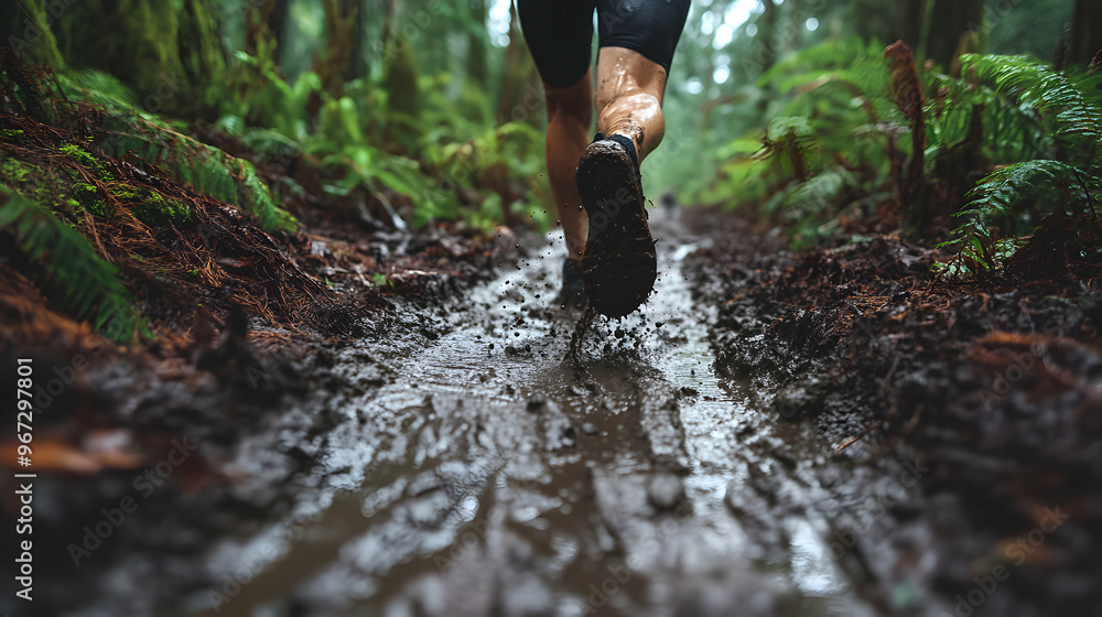 Wet and muddy trail winding through a rain-soaked forest as a runner ...