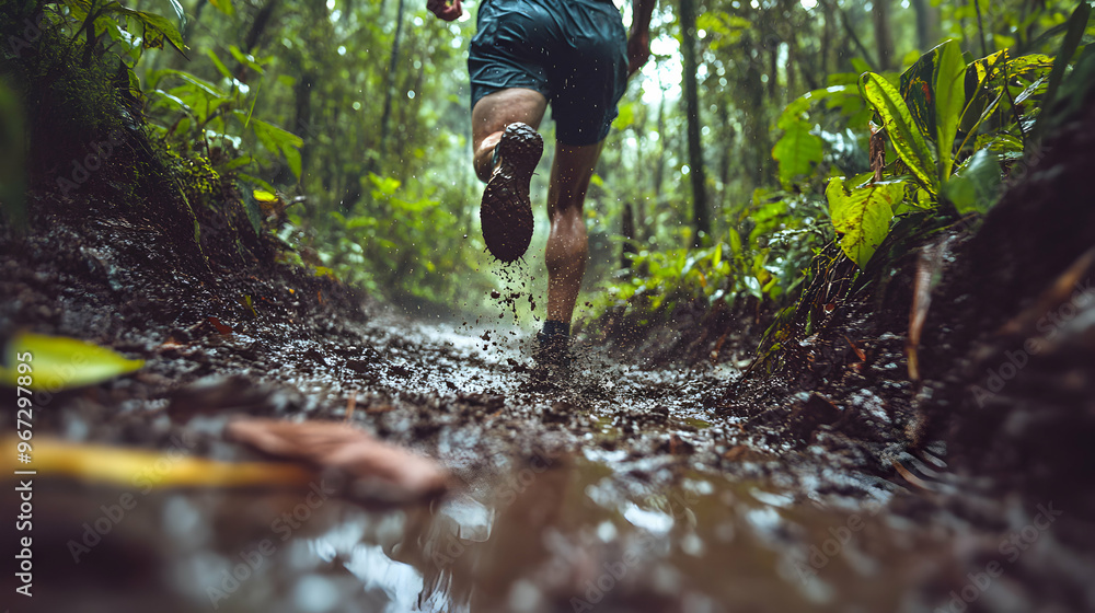 Wet and muddy trail winding through a rain-soaked forest as a runner ...
