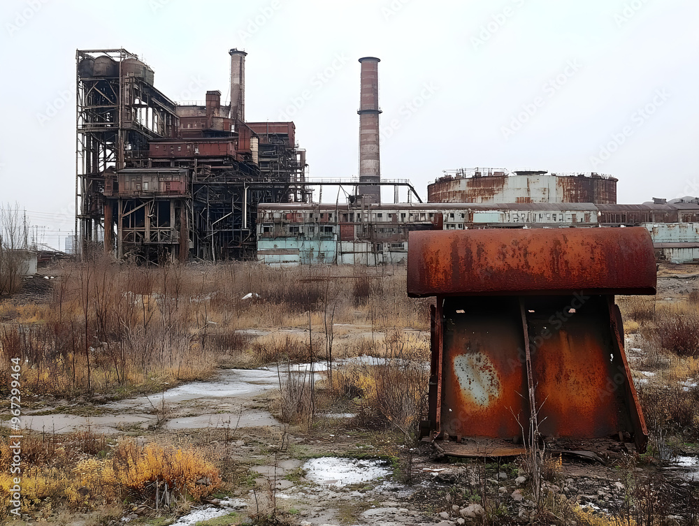 Desolate Industrial Landscape Featuring Abandoned Factory Complex with ...
