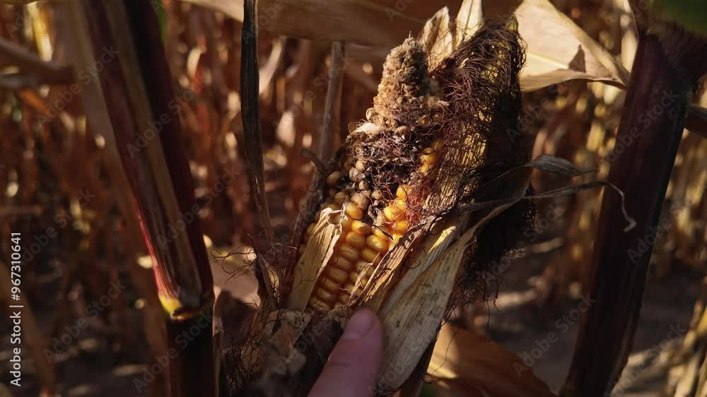 Close-up female hand showing a dry damaged corn cob with missing yellow ...