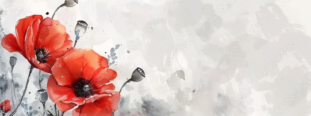 Abstract gray watercolor paint splash with red painted poppy. Lest we ...