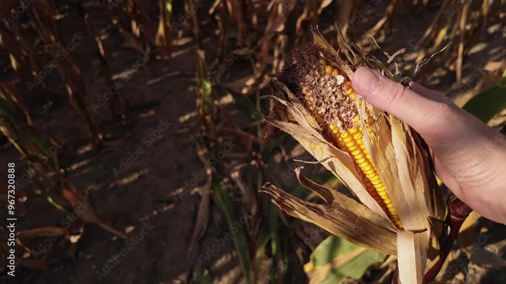 Close-up female hand showing a dry damaged corn cob with missing yellow ...