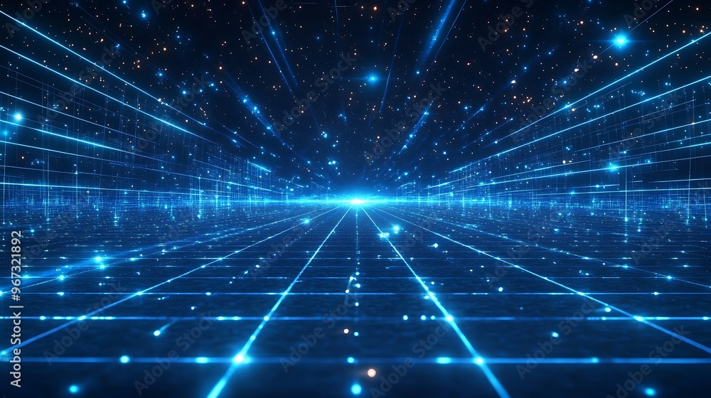 Vibrant blue light beams extend into a starry cosmos, creating a ...