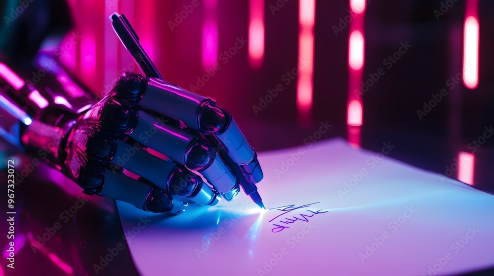 Futuristic robot hand with LED highlights, writing on a blank sheet of ...