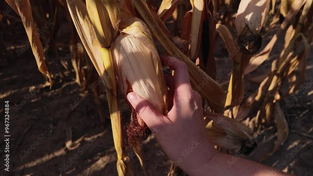 Incomplete corn cob on a dry plant with barren tip. Female hand showing ...