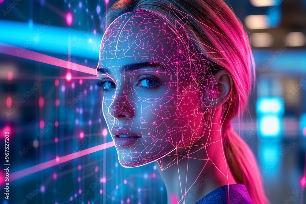 Neurofluid cognition simulation artificial intelligence and augmented reality woman with ...