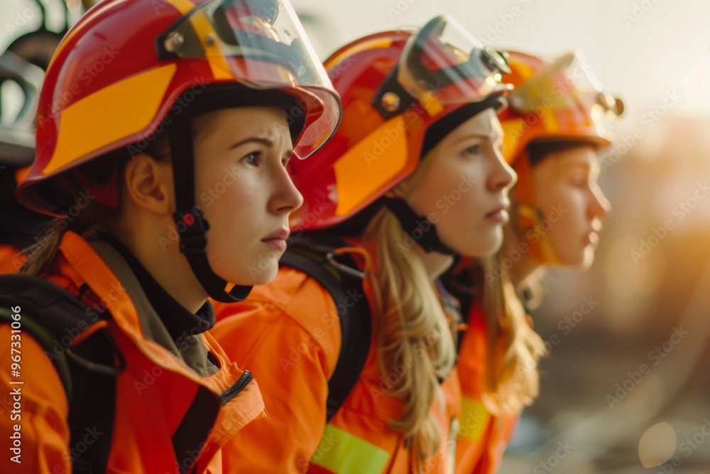 Three firefighters in orange uniforms and helmets looking determinedly ...