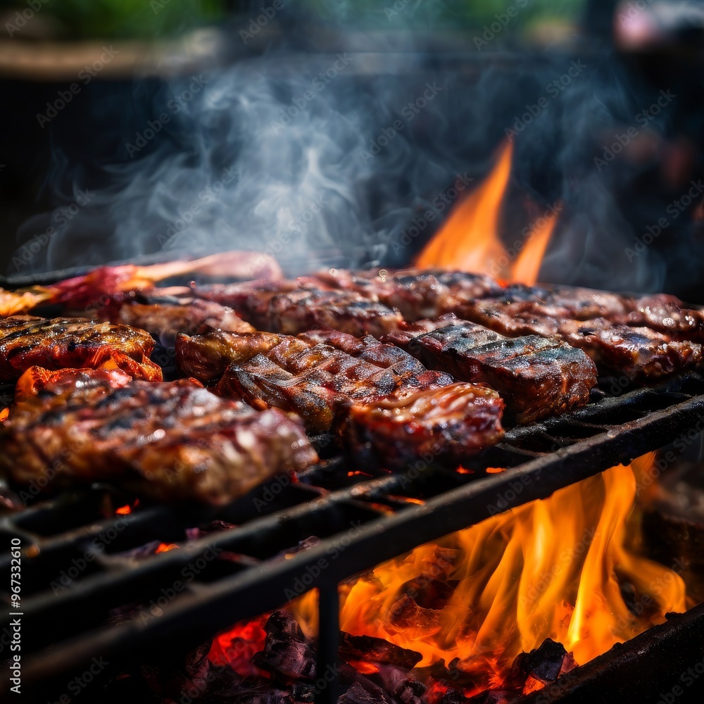 Juicy grilled meat sizzling over an open flame barbecue, with smoke ...