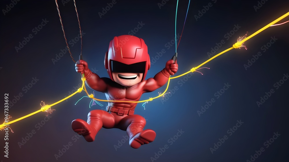 fiber optic cables character swinging across the scene on a rope made ...