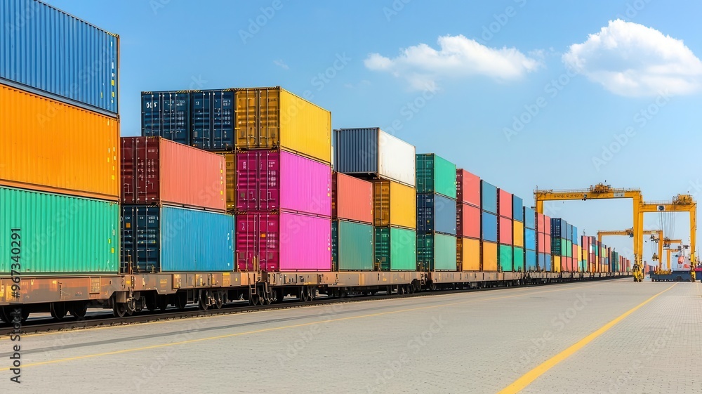 Containers stacked on a train heading to a shipping port, Multimodal ...