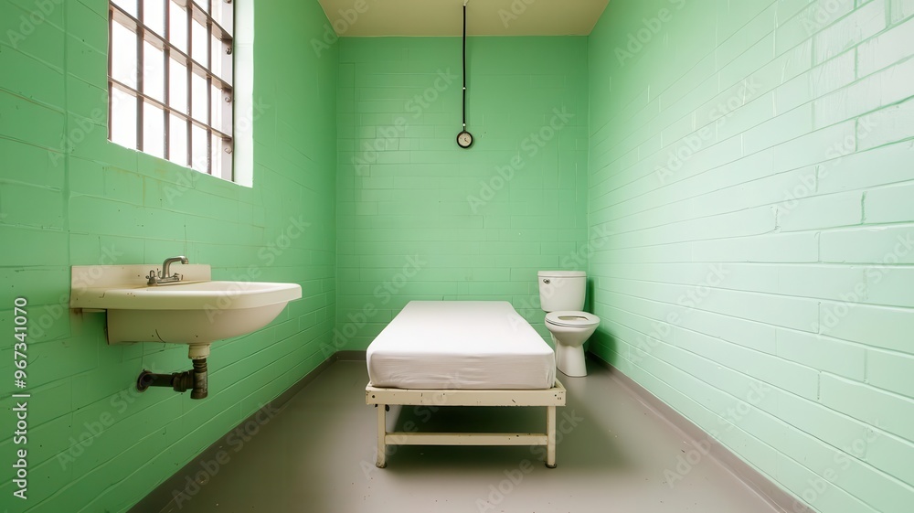 Empty prison cell with a single bed, toilet, and sink, Minimalist ...