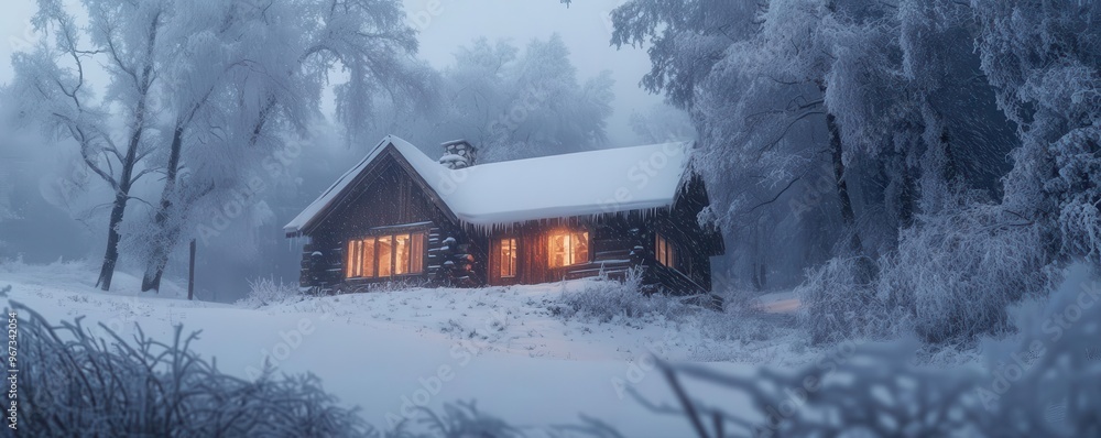 Snowstorm howling outside an isolated cabin, frost building up on the ...